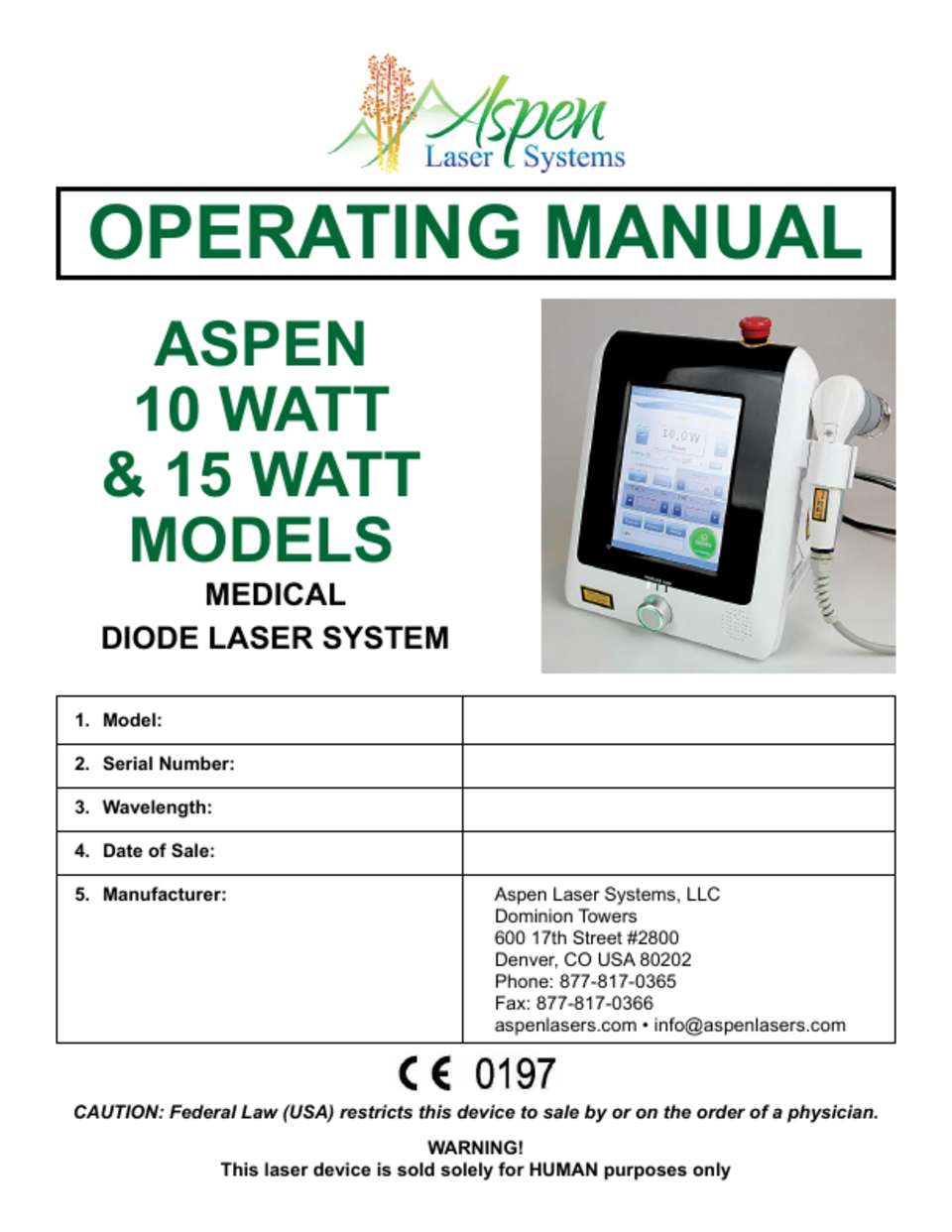 ASPEN 10 and 15 WATT Models Operating Manual PDF download