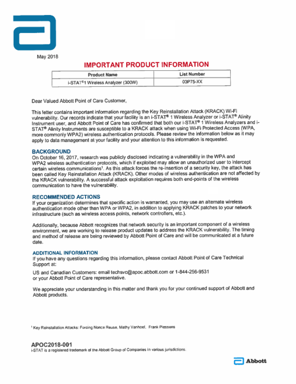 ALERT: iSTAT 1 Wireless Analyzers Important Product Information May ...
