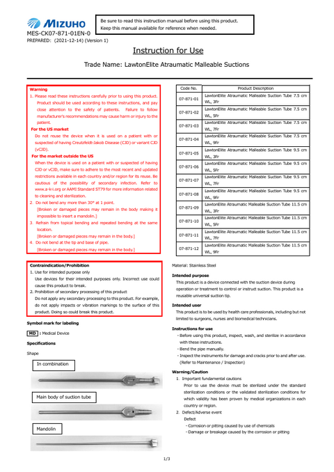 LawtonElite Atraumatic Malleable Suctions Instructions for Use PDF download