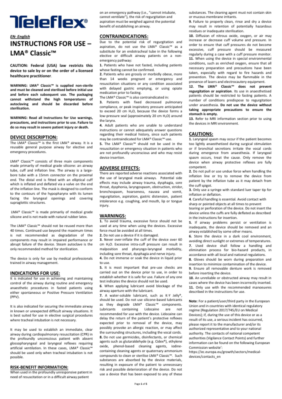 LMA Classic Airway Instructions for Use PDF download