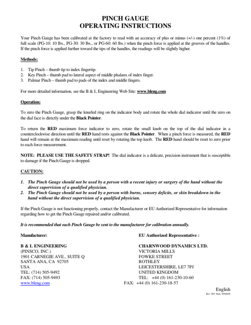 Pinch Gauge PG 10 PG30 and PG 60 Operating Instructions PDF download