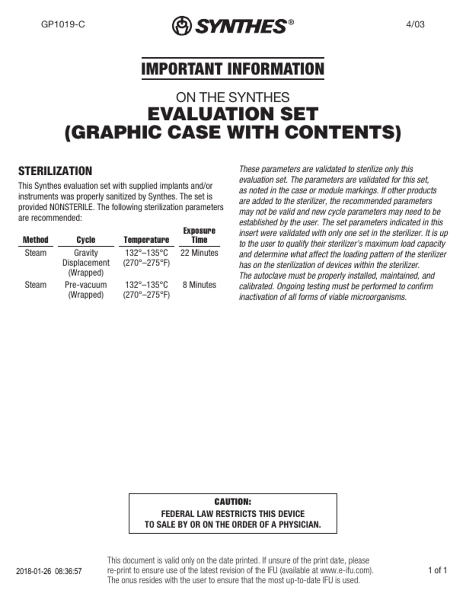 Evaluation Set (Graphic Case With Contents) Sterilisation Instructions ...