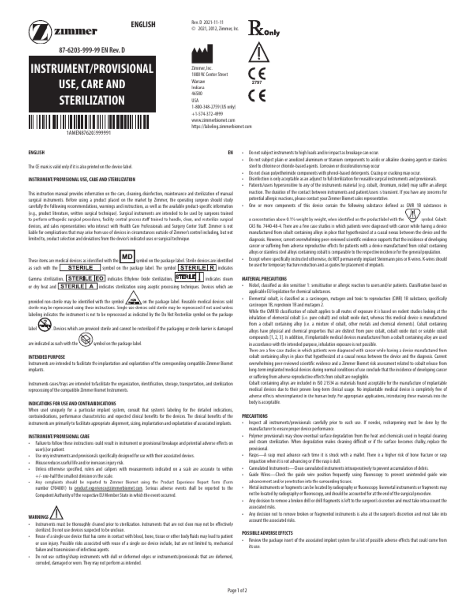 Instrument / Provisional Use , Care and Sterilization Instruction ...