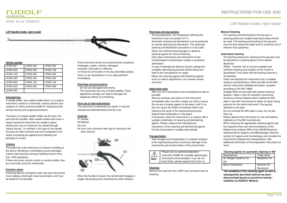LAP Needle Holder , Light Model Instructions for Use PDF download